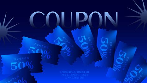 쿠폰 코드 퍼센트 가격 할인 파란색 어두운 배경에 고립 된 쿠폰 배너 템플릿의 반지 캐쉬백 세일 할인 행사를 위한 무제한 프리미엄 상품권 쿠폰 벡터 3차원 형태에 대한 스톡