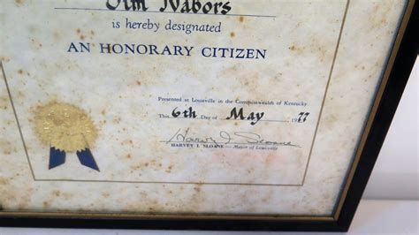 Framed Honorary Citizen Award To Jim Nabors From City Of Louisville