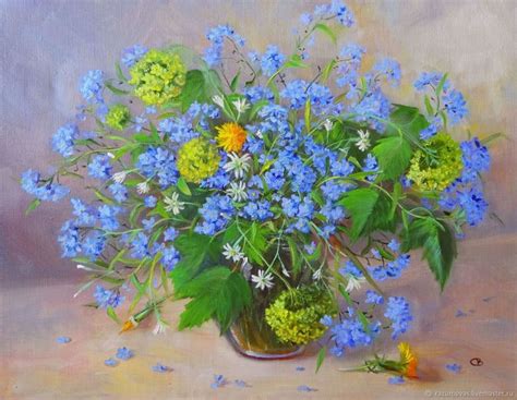 Картина маслом Незабудки и бульденеж 35 на 45 в интернет магазине Ярмарка Мастеров по цене
