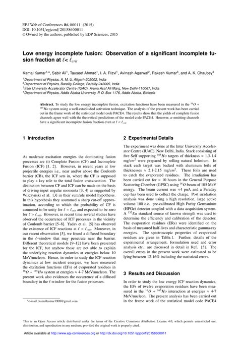 Pdf Low Energy Incomplete Fusion Observation Of A Signiﬁcant Incomplete Fusion Fraction At ℓ