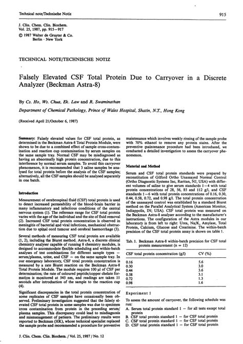 Pdf Falsely Elevated Csf Total Protein Due To Carryover In A Discrete