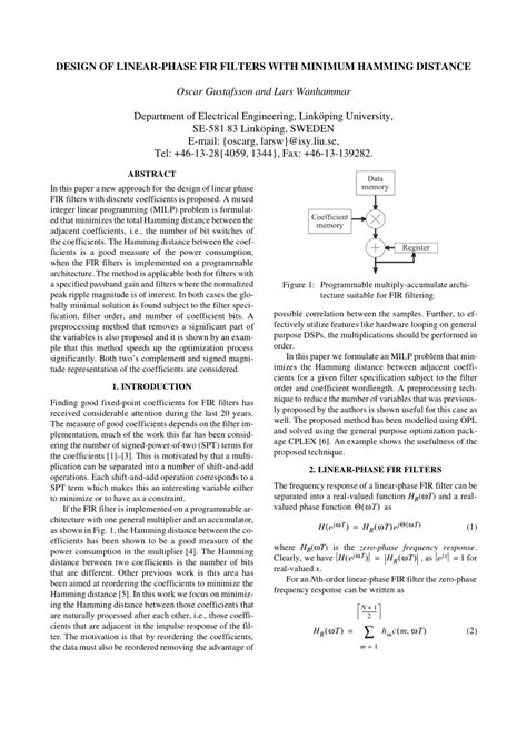Pdf Design Of Linear Phase Fir Filters With Minimum Hamming Distance
