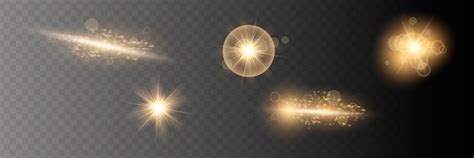 집합 빛나는 별 태양 입자와 하이라이트 효과와 불꽃 황금 보케 조명 반짝이와 스팽글 어두운 배경에 투명 벡터 가득 찬에 대한