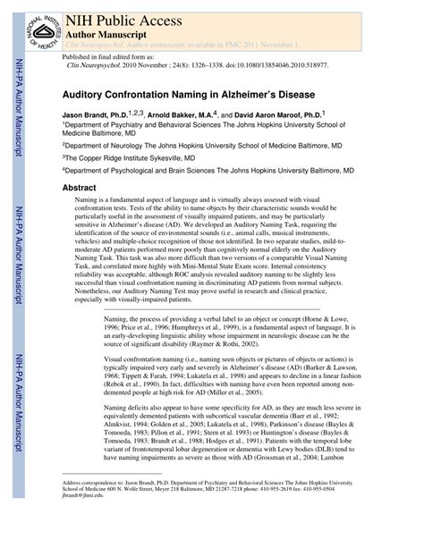 Pdf Auditory Confrontation Naming In Alzheimers Disease