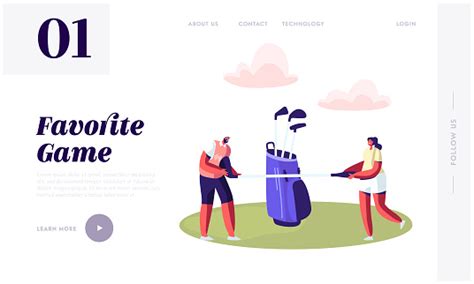 그린 필드 웹사이트 방문 페이지에 골프 클럽을 들고 행복 한 커플 젊은 남성과 여성 캐릭터 스포츠 주말 여름 시간 레저 훈련 웹 페이지 만화 평면 벡터 일러스트 레이 션