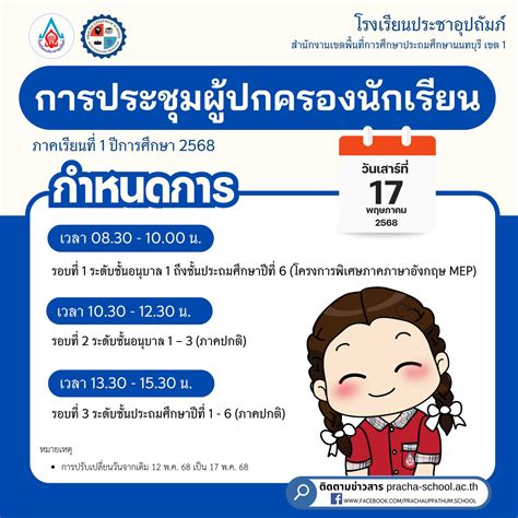 โรงเรียนประชาอุปถัมภ์ กำหนดการการประชุมผู้ปกครอง ภาคเรียนที่ 1 ปีการศึกษา 2568 โรงเรียนประชา