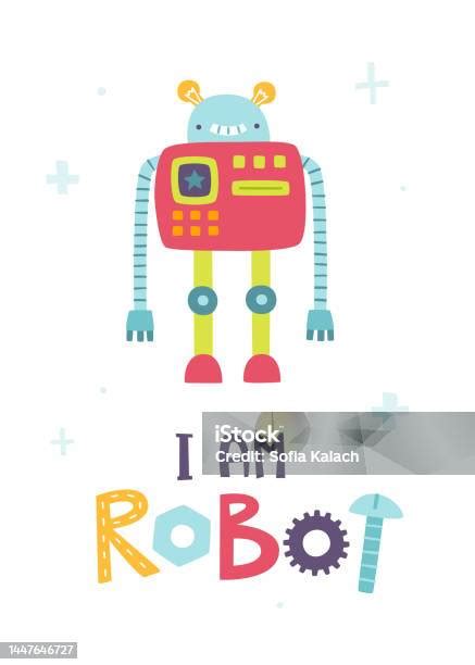 글자가 있는 귀여운 웃는 로봇 포스터 아기 벽 예술과 의류에 대 한 만화 어리석은 로봇 벡터 인쇄 드로잉에 대한 스톡 벡터 아트