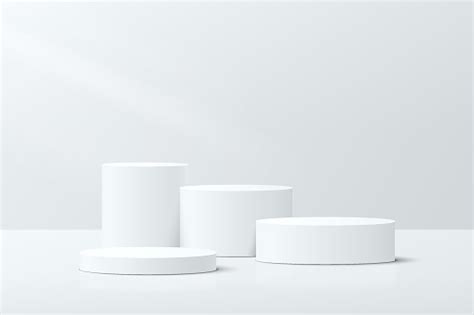 흰색과 회색 기하학적 단계 는 깨끗한 빈 방 공간에서 받침대 연단 3d 플랫폼이 있는 벡터 추상 스튜디오 룸 화장품용 고급 미니멀 한 벽 장면 쇼케이스 프로모션 디스플레이