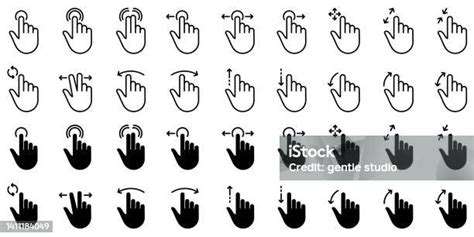 제스처 탭 라인 및 실루엣 아이콘 세트 손 손가락 터치를 스 와이프하고 선형 글리프 픽토그램을 드래그하십시오 화면을 핀치 화면