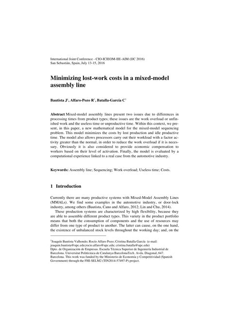 pdf minimizing lost work costs in a mixed model assembly line