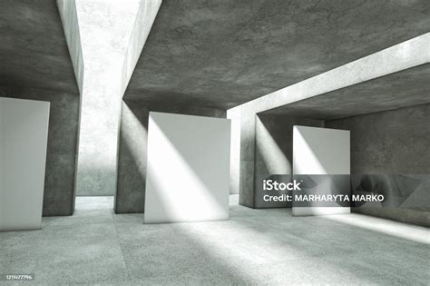 3d 렌더링 빈 콘크리트 방 디스플레이 받침대 스탠드 갤러리 라이트 스팟 모형 레이아웃 0명에 대한 스톡 사진 및 기타 이미지