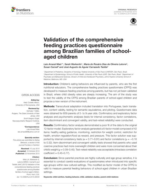 Pdf Validation Of The Comprehensive Feeding Practices Questionnaire Among Brazilian Families