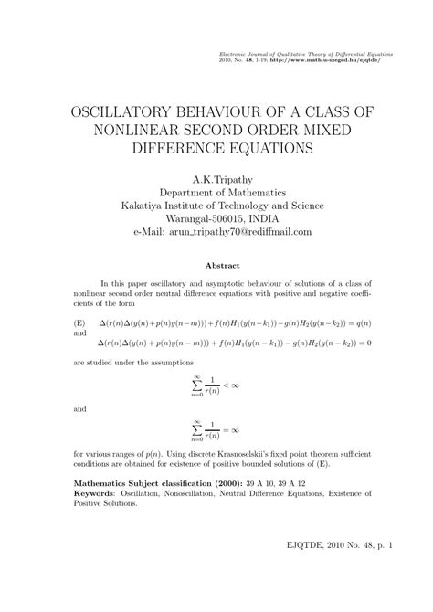Pdf Oscillatory Behaviour Of A Class Of Nonlinear Second Order Mixed Difference Equations