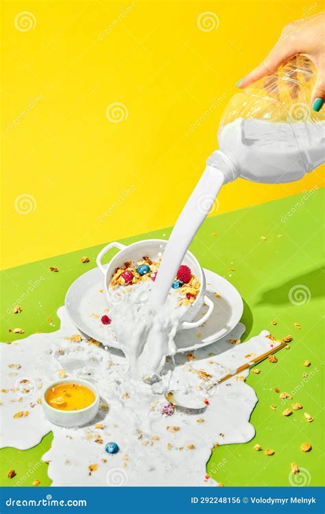 Too Many Milk Female Hand Pouring Milk Into Bowl With Muesli Cereal