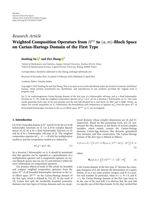 Pdf Weighted Composition Operators From H ∞ To α M Bloch Space On Cartan Hartogs Domain Of