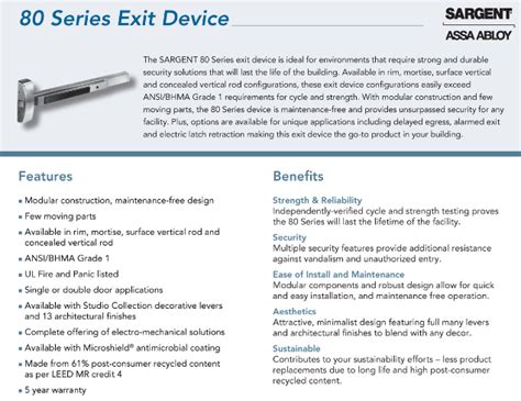 Sargent 8300 Series 8313 Classroom Function Narrow Stile Design