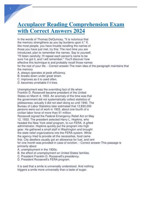 Accuplacer Reading Comprehension Exam With Correct Answers 2024 Accuplacer Reading