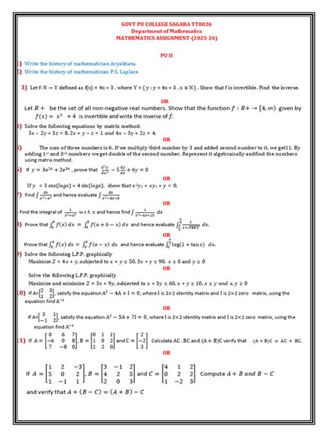 Mathematics Assignment For Pu Ii Students Pdf Matrix Mathematics