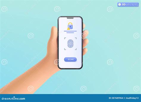 3d Hand Holding Mobile Phone Scan Fingerprint Cyber Secure Icon Symbol