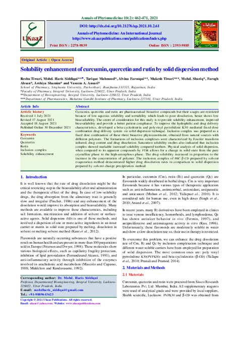 Pdf Solubility Enhancement Of Curcumin Quercetin And Rutin By Solid Dispersion Method