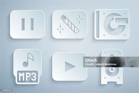 재생 버튼 비닐 디스크가있는 비닐 플레이어 Mp3 파일 스테레오 스피커 사진 수정 및 일시 중지 아이콘을 설정합니다 벡터 3차원 형태에 대한 스톡 벡터 아트 및 기타 이미지