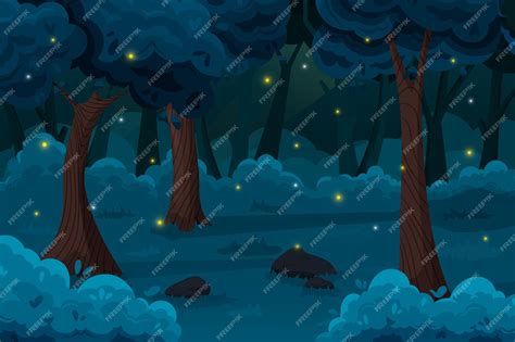Premium Vector Cartoon Night Forest Nature Background Of Magical Wood