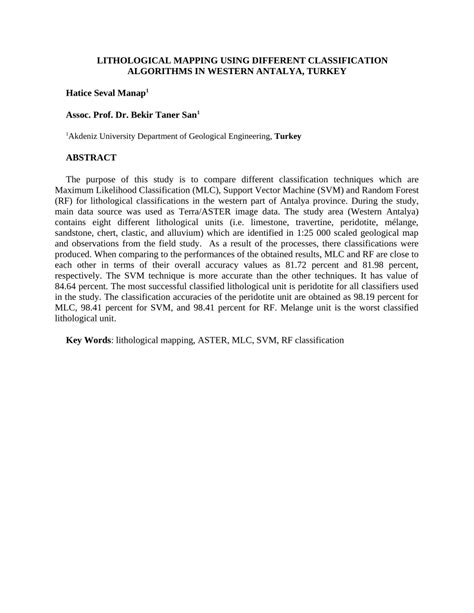 PDF LITHOLOGICAL MAPPING USING DIFFERENT CLASSIFICATION ALGORITHMS IN