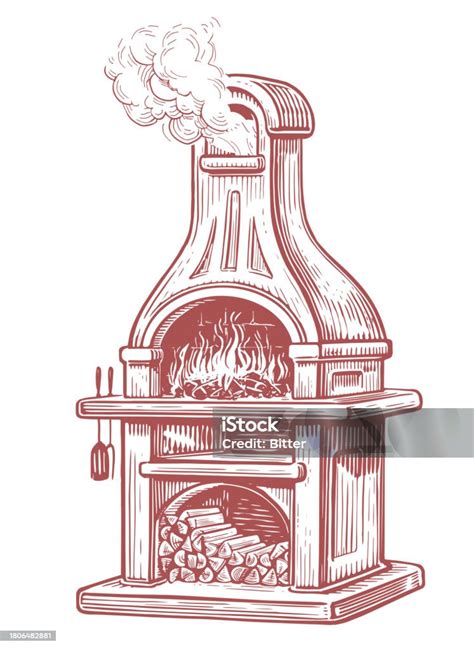굽거나 바베큐를 즐길 수 있는 돌 정원 오븐 오픈 여름 주방 빈티지 스케치 벡터 일러스트 레이 션 건축에 대한 스톡 벡터 아트 및 기타 이미지 Istock