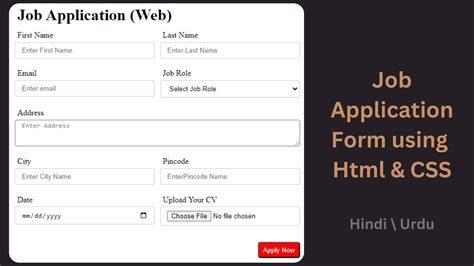 Job Application Form In Html And Css Html And Css Projects Youtube