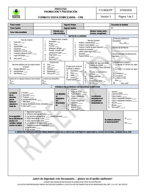 F12 Mo8 Pp Formato Visita Domiciliaria Crn V3 Pdf Ingeniería Ambiental