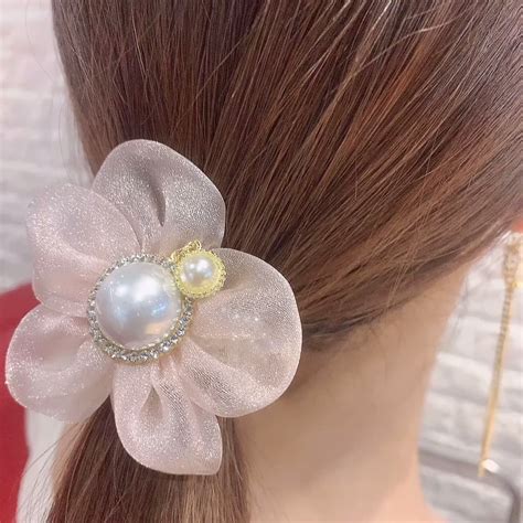 欧根纱小香风珍珠发绳发圈韩国甜美太阳花头绳少女扎头绳皮筋发饰 阿里巴巴