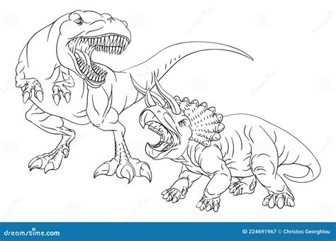 Coloring Book Page Dinosaurs In Outline Stock Vector Illustration Of