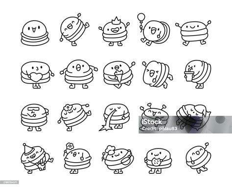 귀여운 마카로니 캐릭터 색칠 공부 페이지 친절한 만화 디저트 손으로 그린 스타일입니다 벡터 그리기 디자인 요소 모음 가공의