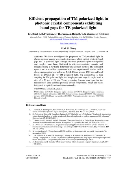 Pdf Efficient Propagation Of Tm Polarized Light In Photonic Crystal
