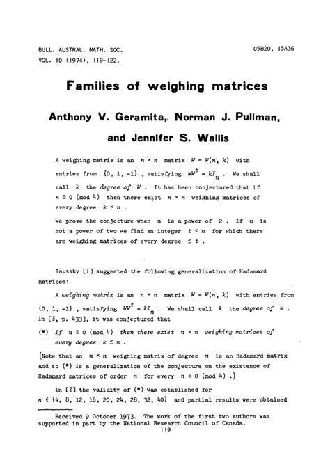 Pdf Families Of Weighing Matrices