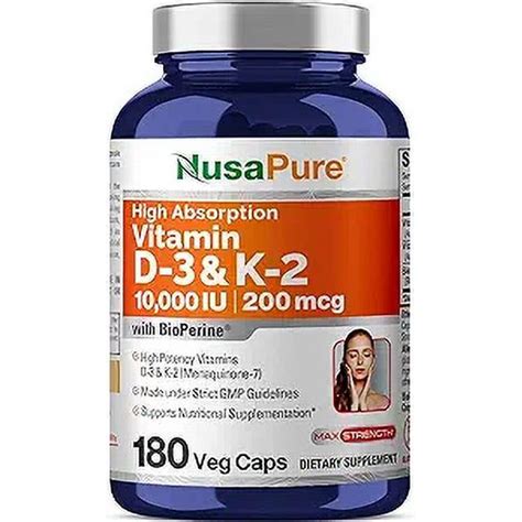 Nusapure Vitamin K2 Mk7 200mcg Vitamin D3 10000 Iu 180 Veg Caps