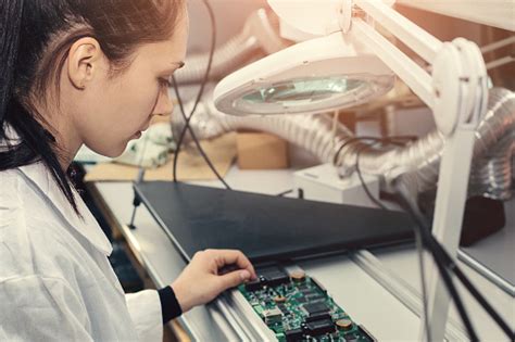 아름 다운 여성 컴퓨터 전문가 전문 기술자는 공장에 있는 실험실에서 보드 컴퓨터를 검사 문제 해결 기술 지원입니다 공학 제조 Stem 주제에 대한 스톡 사진 및 기타 이미지