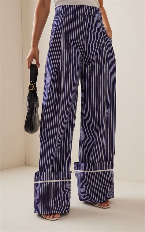 Oversized Pleated Striped Cotton Wide Leg Pants Luxury Striped Wide