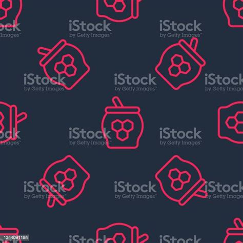 꿀과 꿀 디퍼 스틱 아이콘의 레드 라인 항아리 검은 배경에 매끄러운 패턴을 분리 푸드 뱅크 달콤한 천연 식품 기호 꿀 국자 벡터 0명에 대한 스톡 벡터 아트 및 기타 이미지