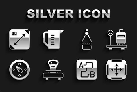 여행 가방 면적 측정 경로 위치 나침반 나침반 그리기 대각선 측정 및 측정 컵 아이콘으로 저울을 설정합니다 벡터 거리가 먼에