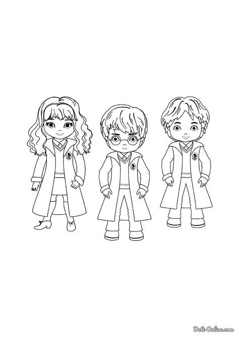 Раскраска Мультяшные Гарри Поттер Гермиона и Рон распечатать или скачать