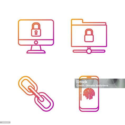 Set Line Smartphone With Fingerprint Scanner Chain Link Lock On Computer Monitor Screen And Ftp