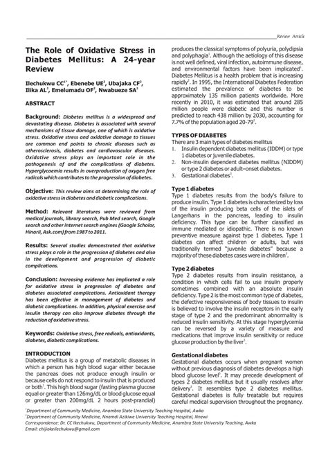 Pdf The Role Of Oxidative Stress In Diabetes Mellitus A 24 Year Review