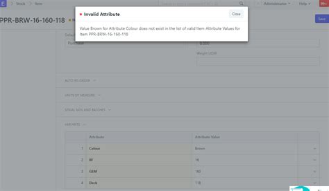 unable to create item variant due to error attribute does not exist in the list of valid item