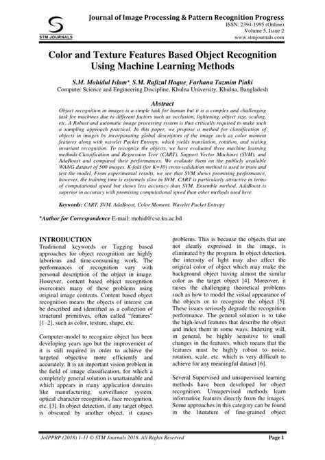 Pdf Color And Texture Features Based Object Recognition Using Machine Learning Methods