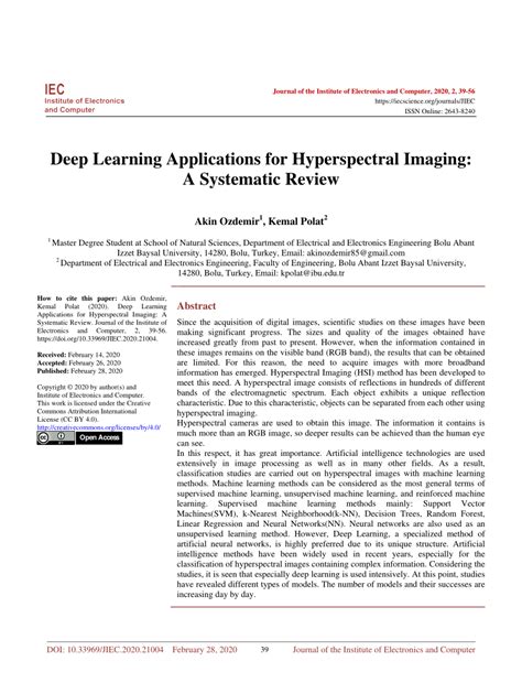 Pdf Deep Learning Applications For Hyperspectral Imaging A Systematic Review