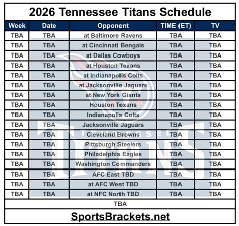 Printable 2026 Tennessee Titans Schedule Matchups And Tv Broadcasts