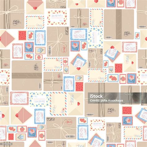소포 봉투 및 우표 우편 서비스 팩 및 문자 벡터 원활한 패턴 플랫 만화 스타일 우편 팩 및 문자 배경의 집합입니다 기하 도형에 대한 스톡 벡터 아트 및 기타 이미지