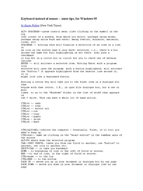 Keyboard Instead Of Mouse Some Tips For Windows 95 By Susan Fulton Pdf Operating System