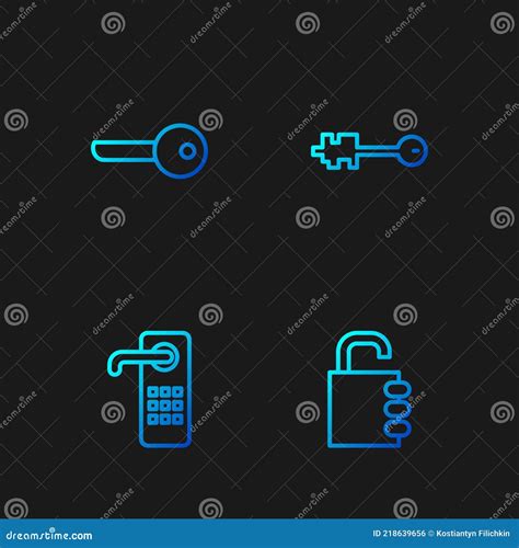 Set Line Safe Combination Lock Digital Door Key And Old Key Gradient Color Icons Stock Vector